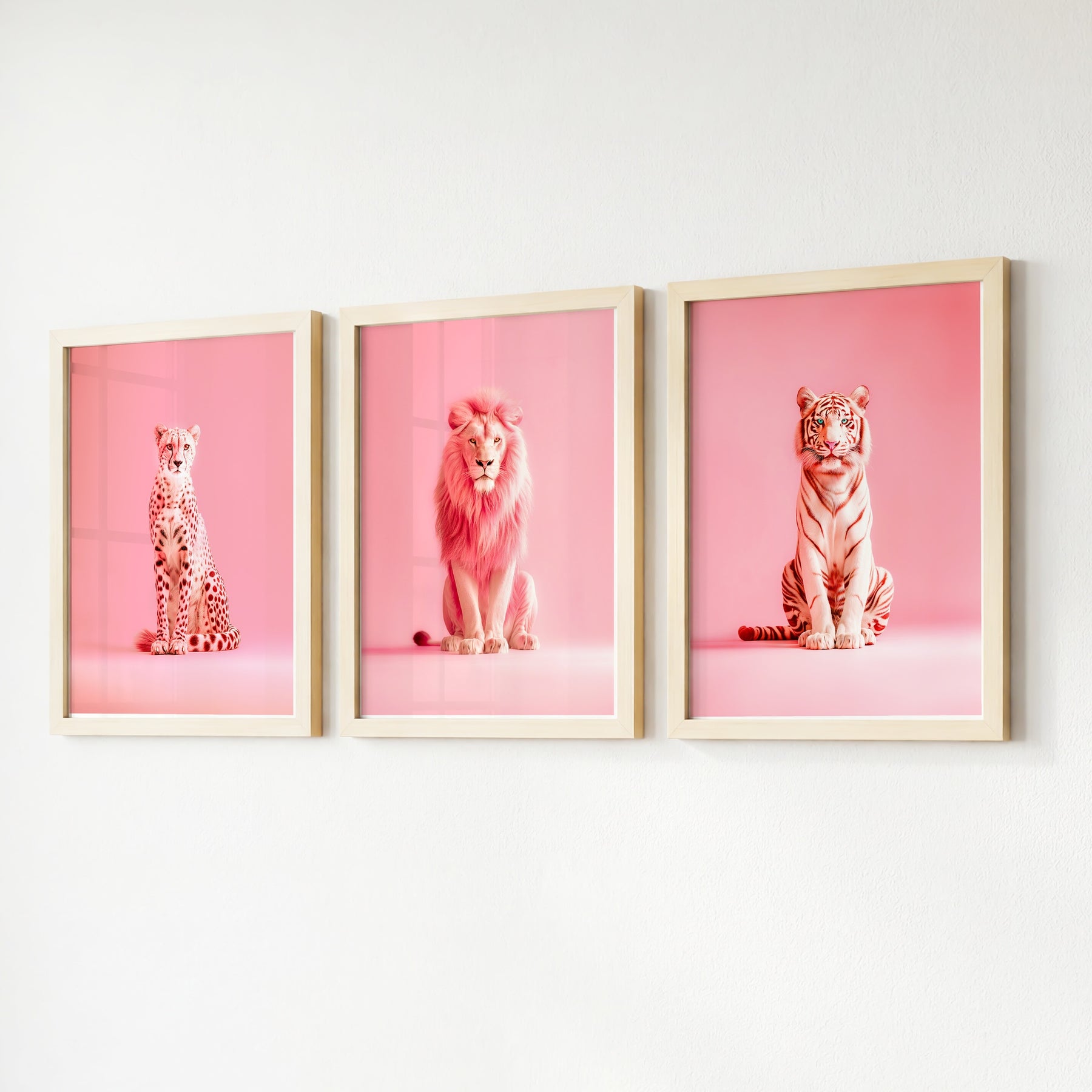 Pink Wild Cat Portraits Set of 3 – Girls Room Art Prints – The Crown Prints